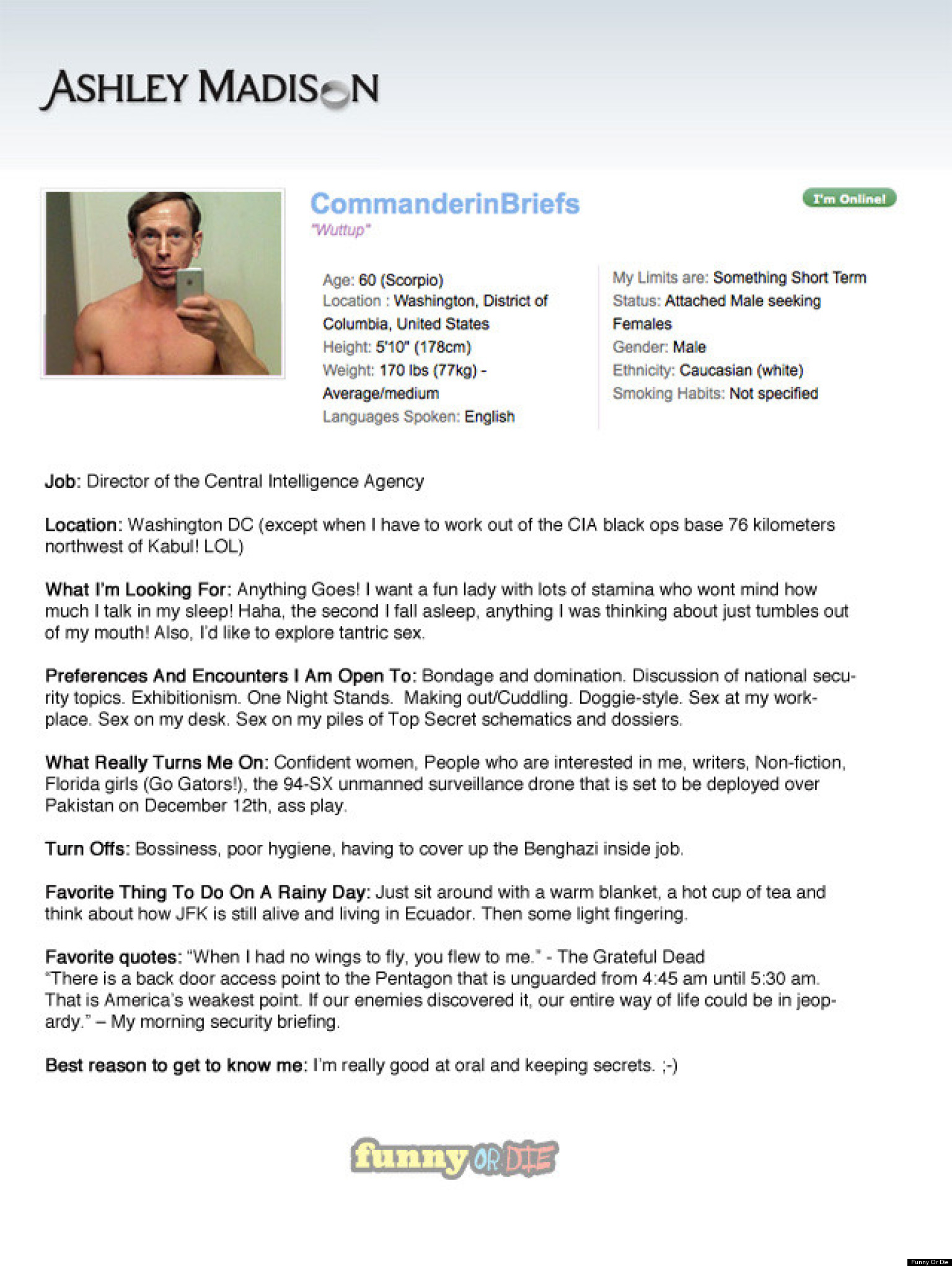 General Petraeus' Ashley Madison Profile | HuffPost